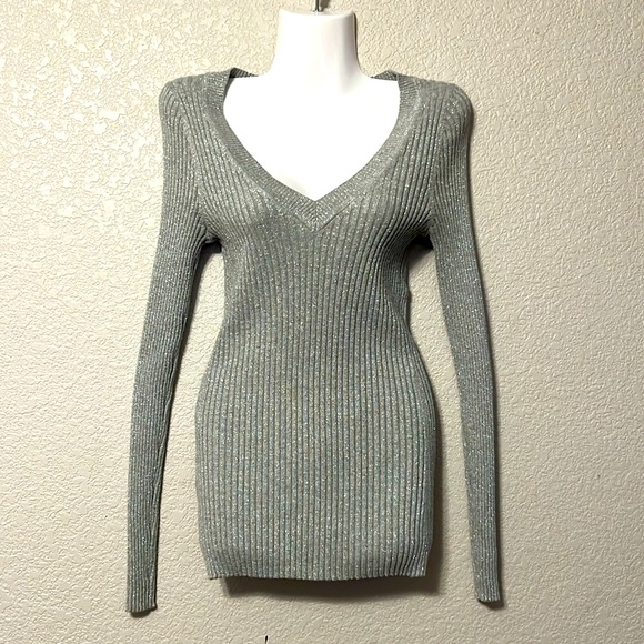 Express | Sweaters | Express Womens Long Sleeve Ribbed Silver Sparkly ...